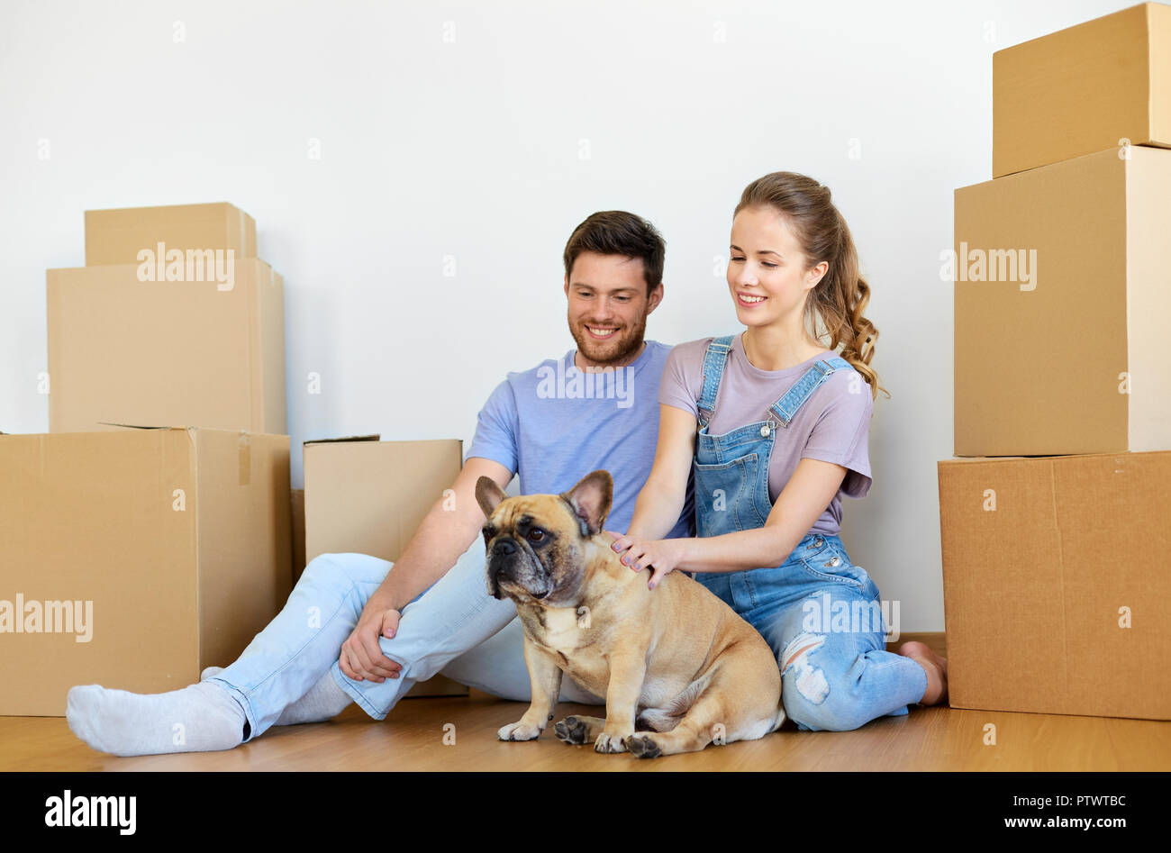 happy couple with boxes and dog moving to new home Stock Photo - Alamy