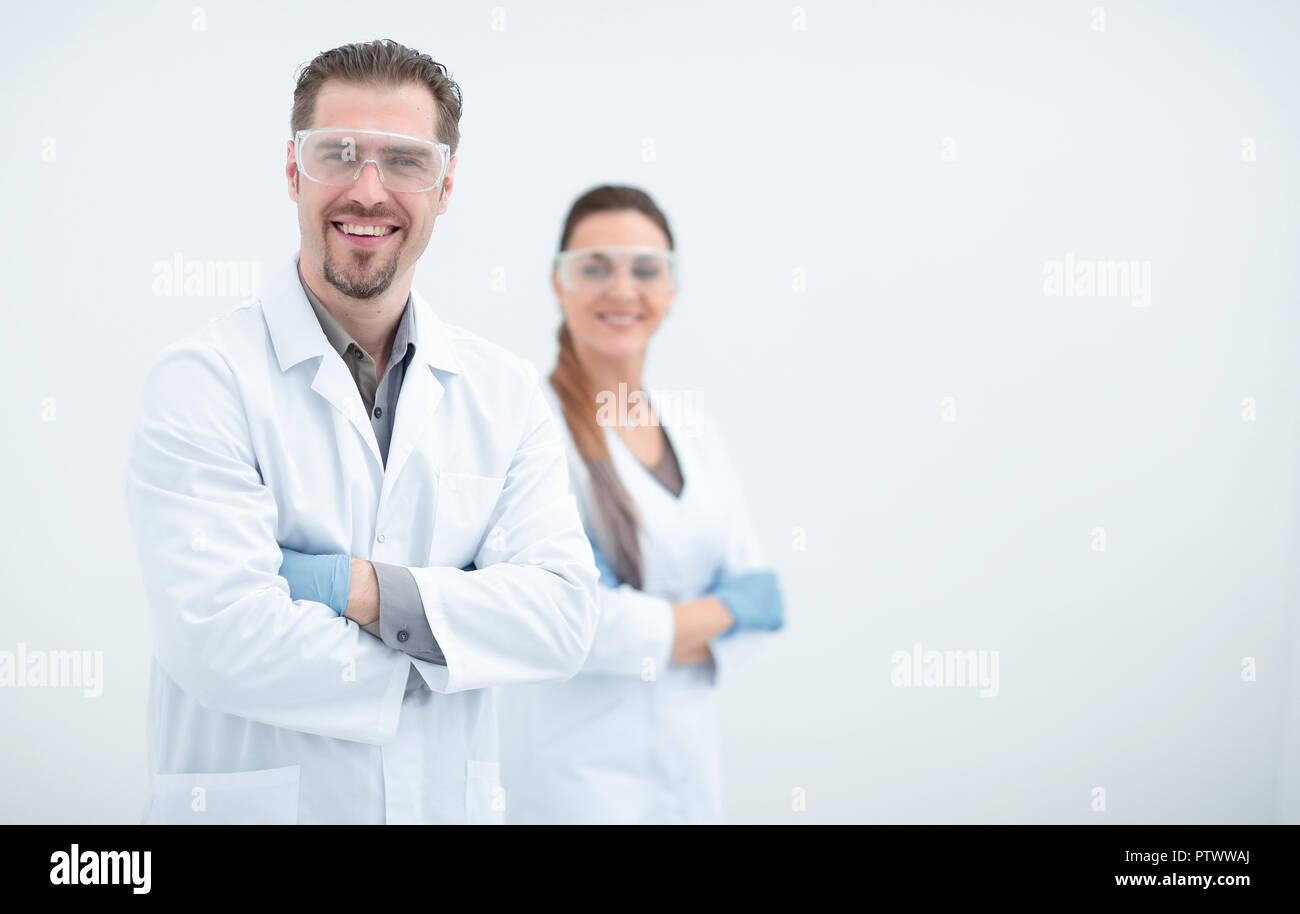 portrait of two successful researchers standing together Stock Photo ...