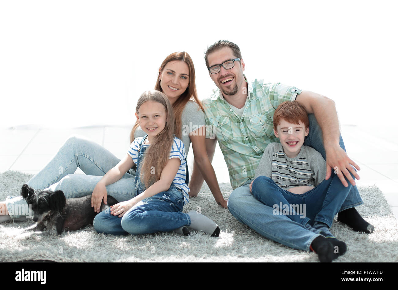 happy family with two children and a dog Stock Photo - Alamy