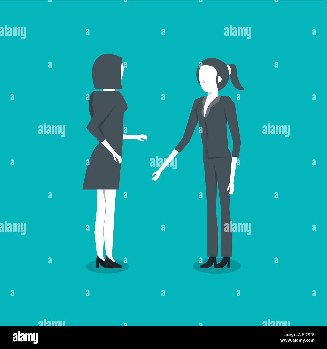 Businesswomen standing having a conversation exchanging ideas vector ...