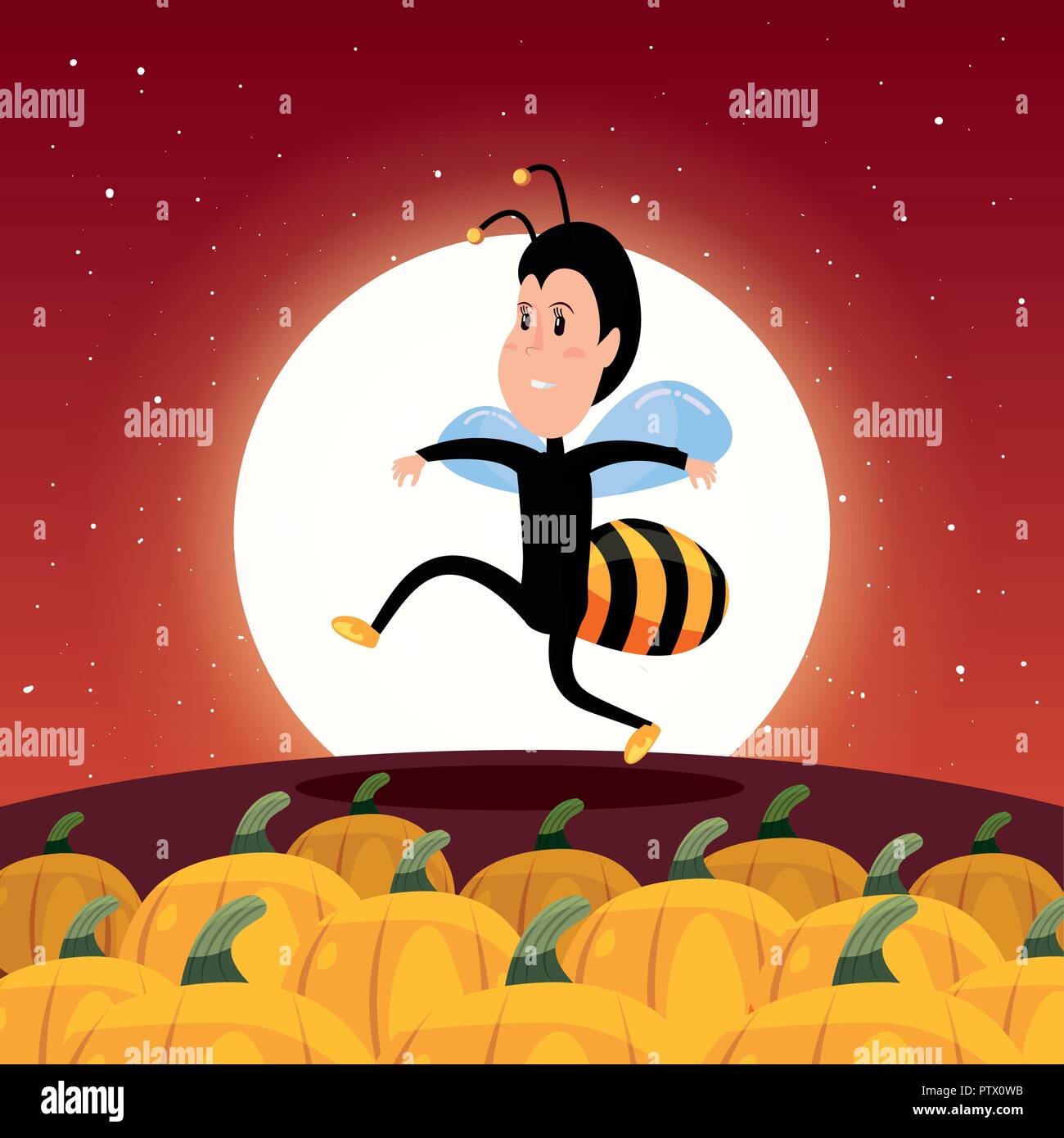 happy halloween cute lady bug pumpkins night moon vector illustration ...