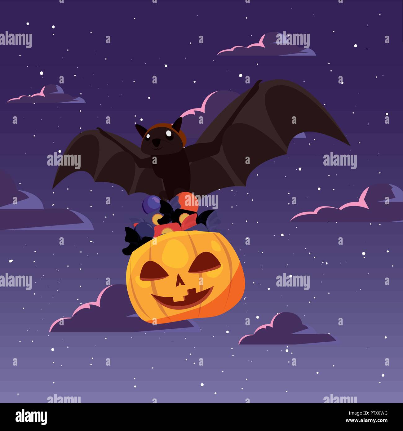 happy halloween bat holding pumpkin candys night vector illustration ...