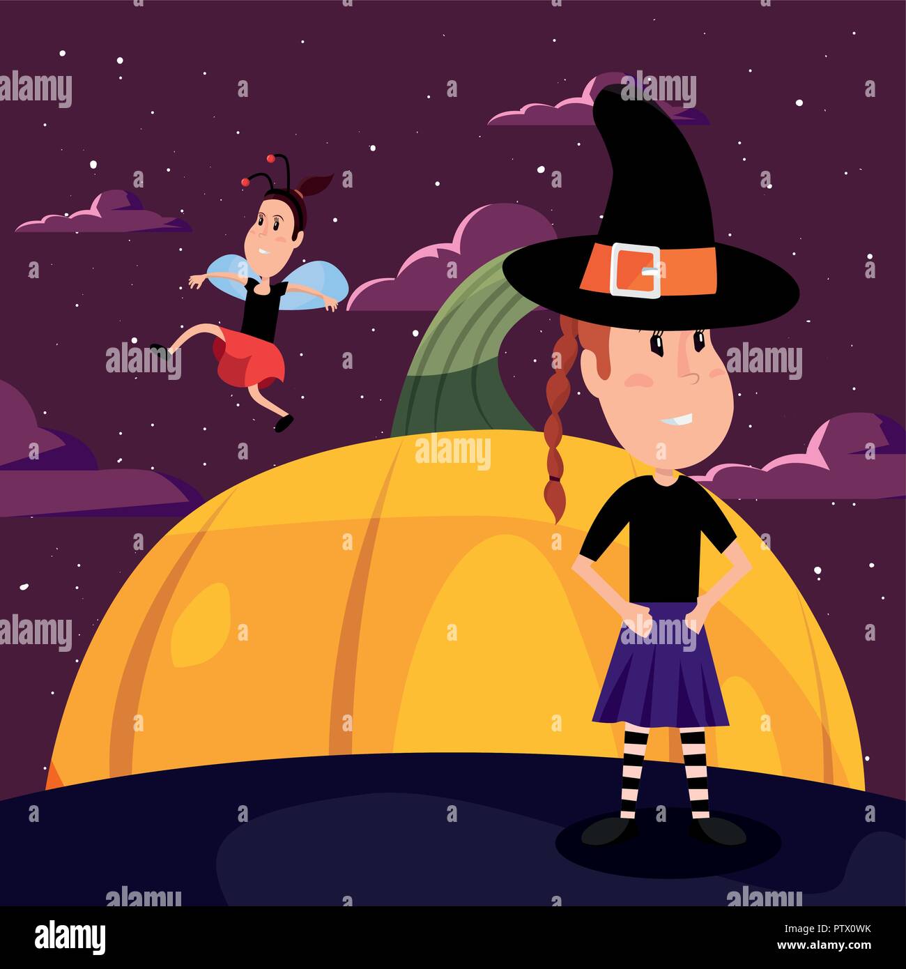 happy halloween night cemetery girls lady bug witch girl vector ...