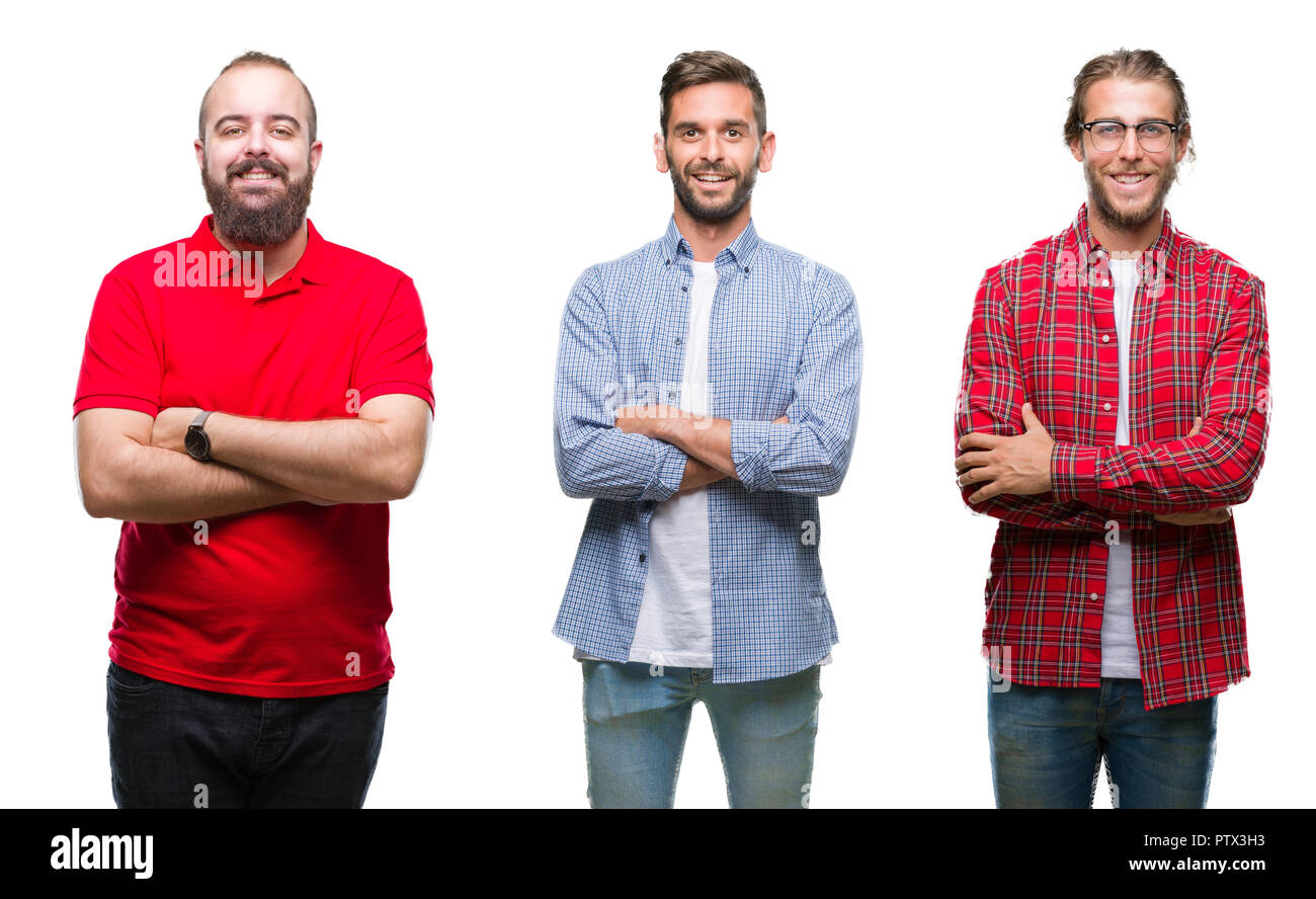 Collage of group of young men over isolated background happy face ...