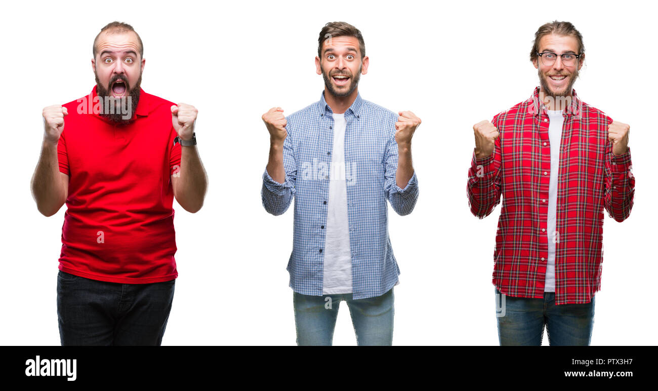 Collage of group of young men over isolated background celebrating ...