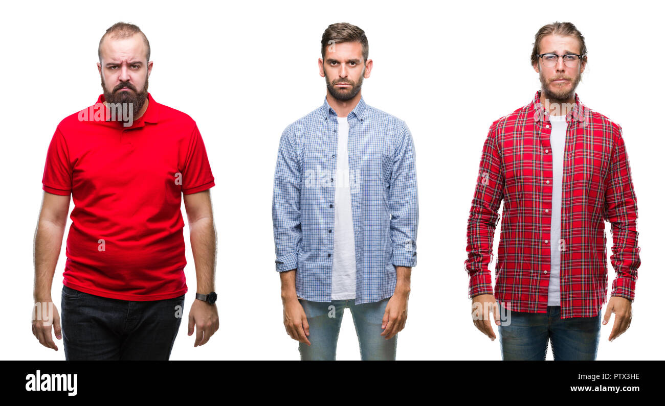 Collage of group of young men over isolated background depressed and ...