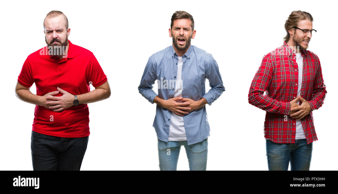 Collage of group of young men over isolated background with hand on ...