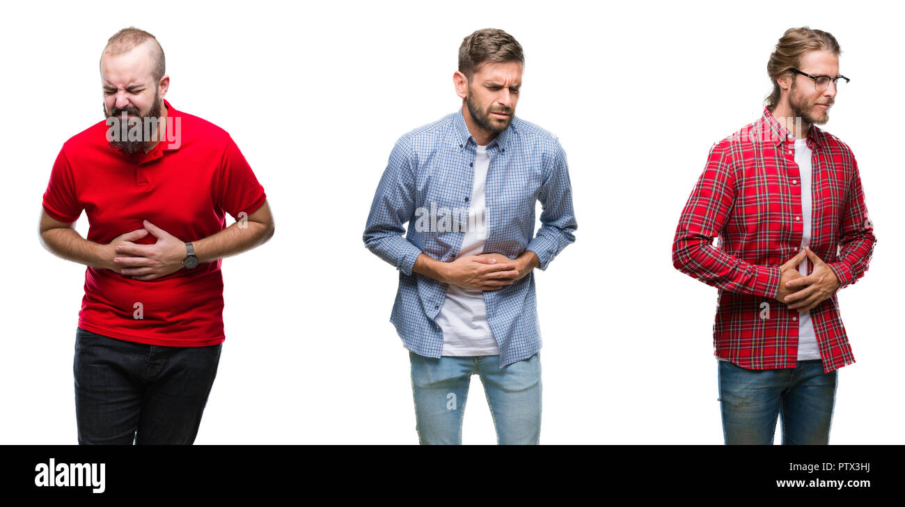 Collage of group of young men over isolated background with hand on ...