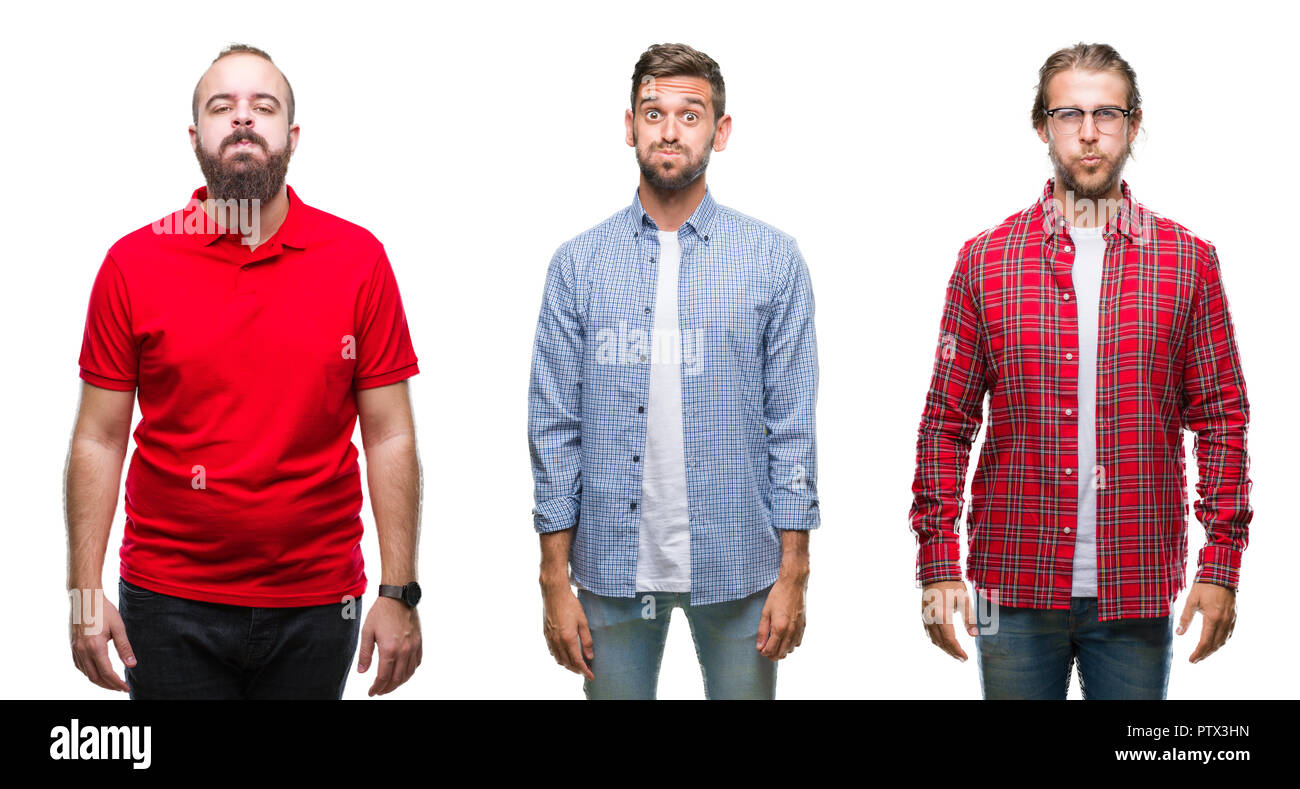 Collage of group of young men over isolated background puffing cheeks ...