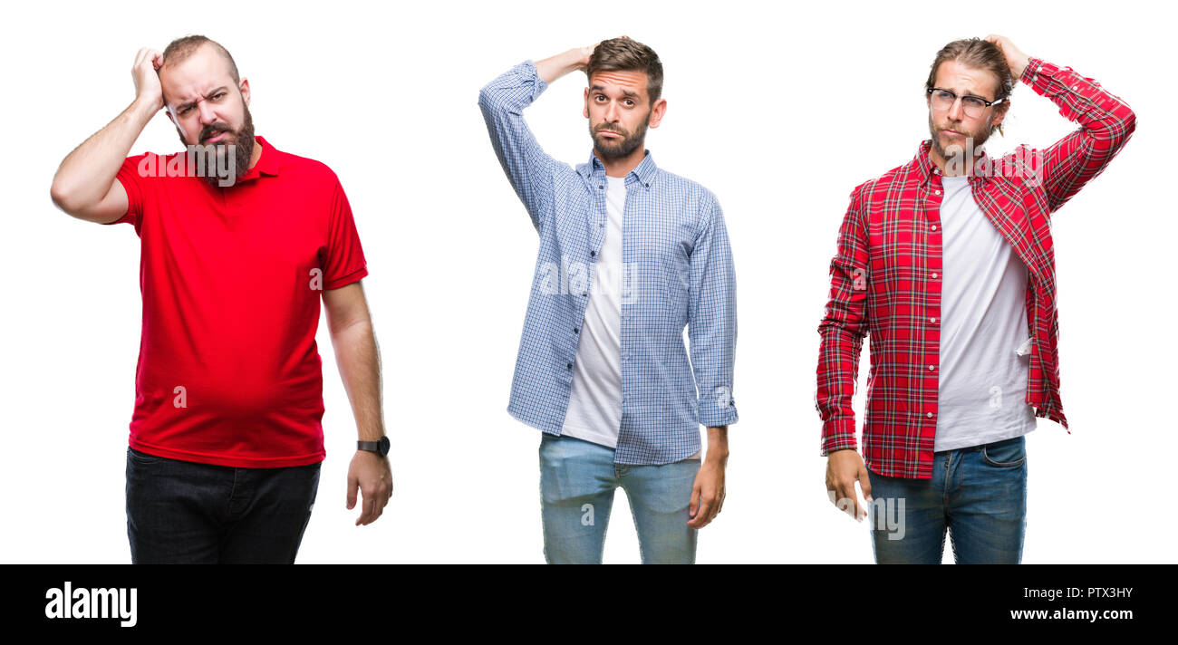 Collage of group of young men over isolated background confuse and ...