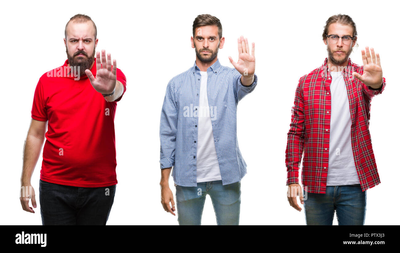 Collage of group of young men over isolated background doing stop sing ...