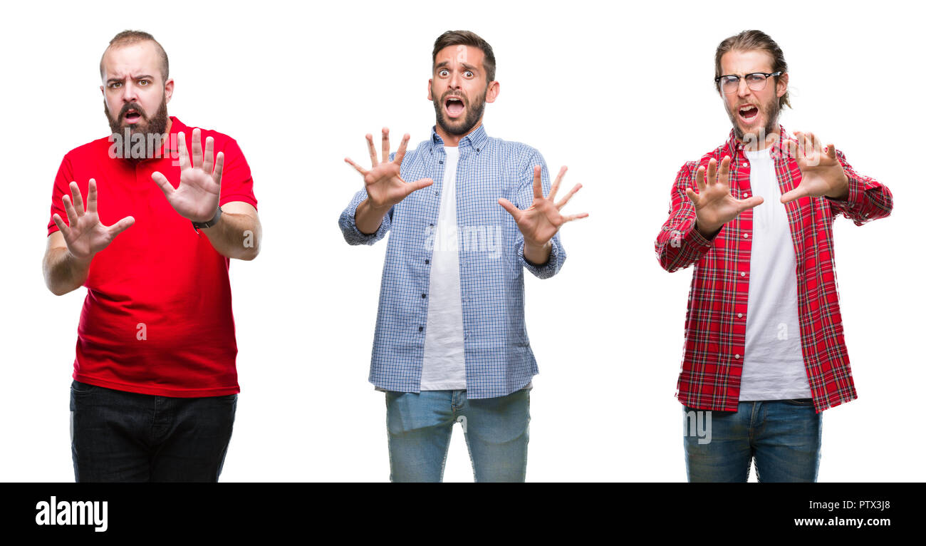 Collage of group of young men over isolated background afraid and ...