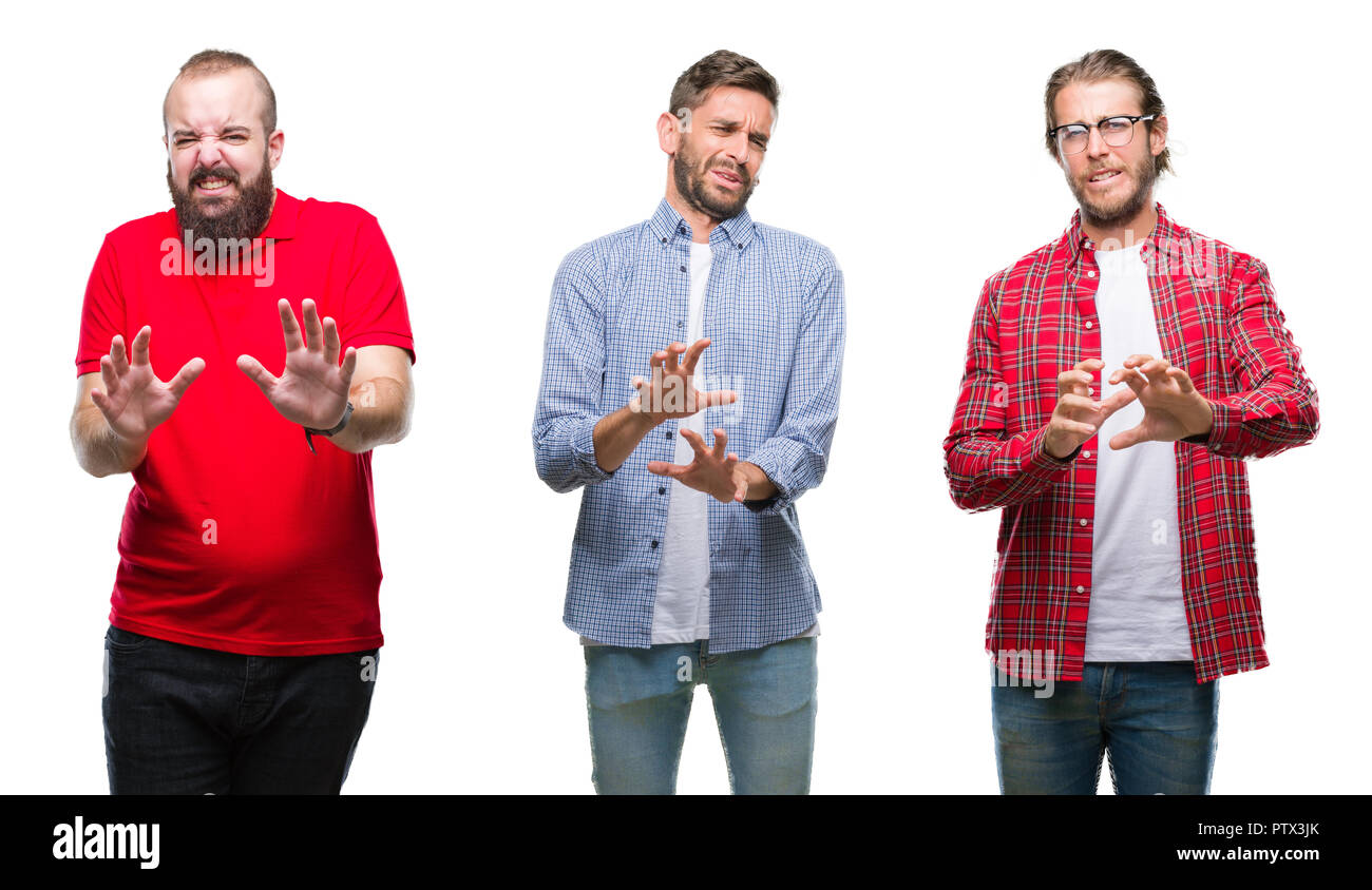 Collage of group of young men over isolated background disgusted ...