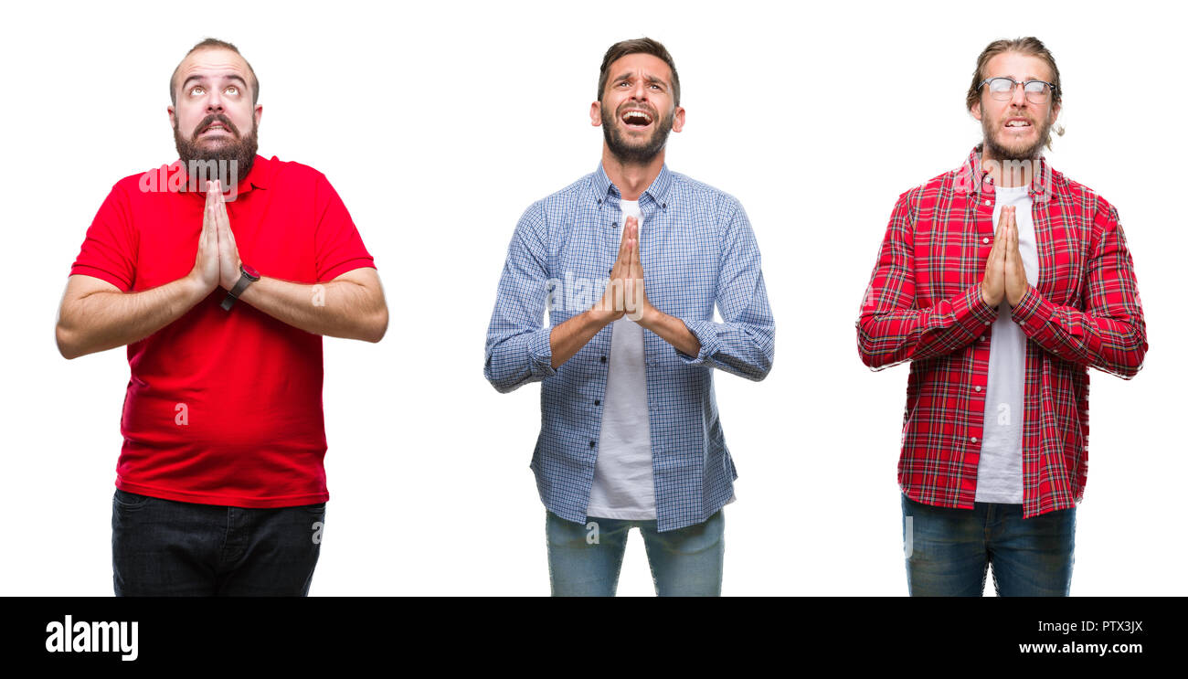 Collage of group of young men over isolated background begging and ...