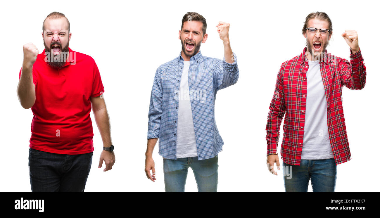 Collage of group of young men over isolated background angry and mad ...