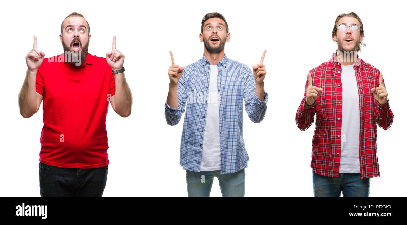 Collage of group of young men over isolated background amazed and ...