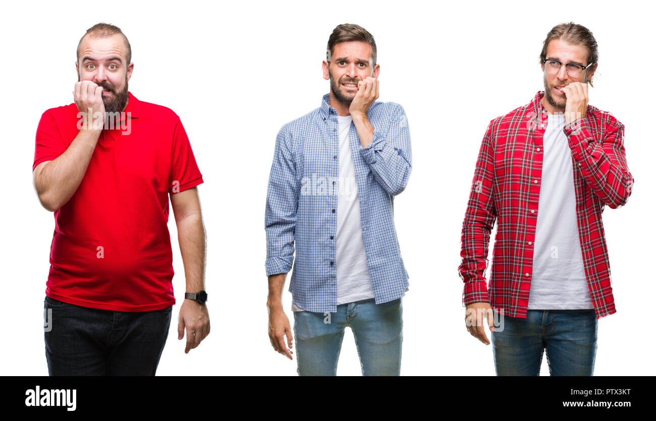 Collage of group of young men over isolated background looking stressed ...