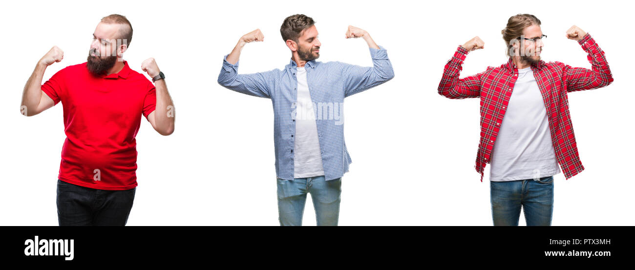 Collage of group of young men over isolated background showing arms ...