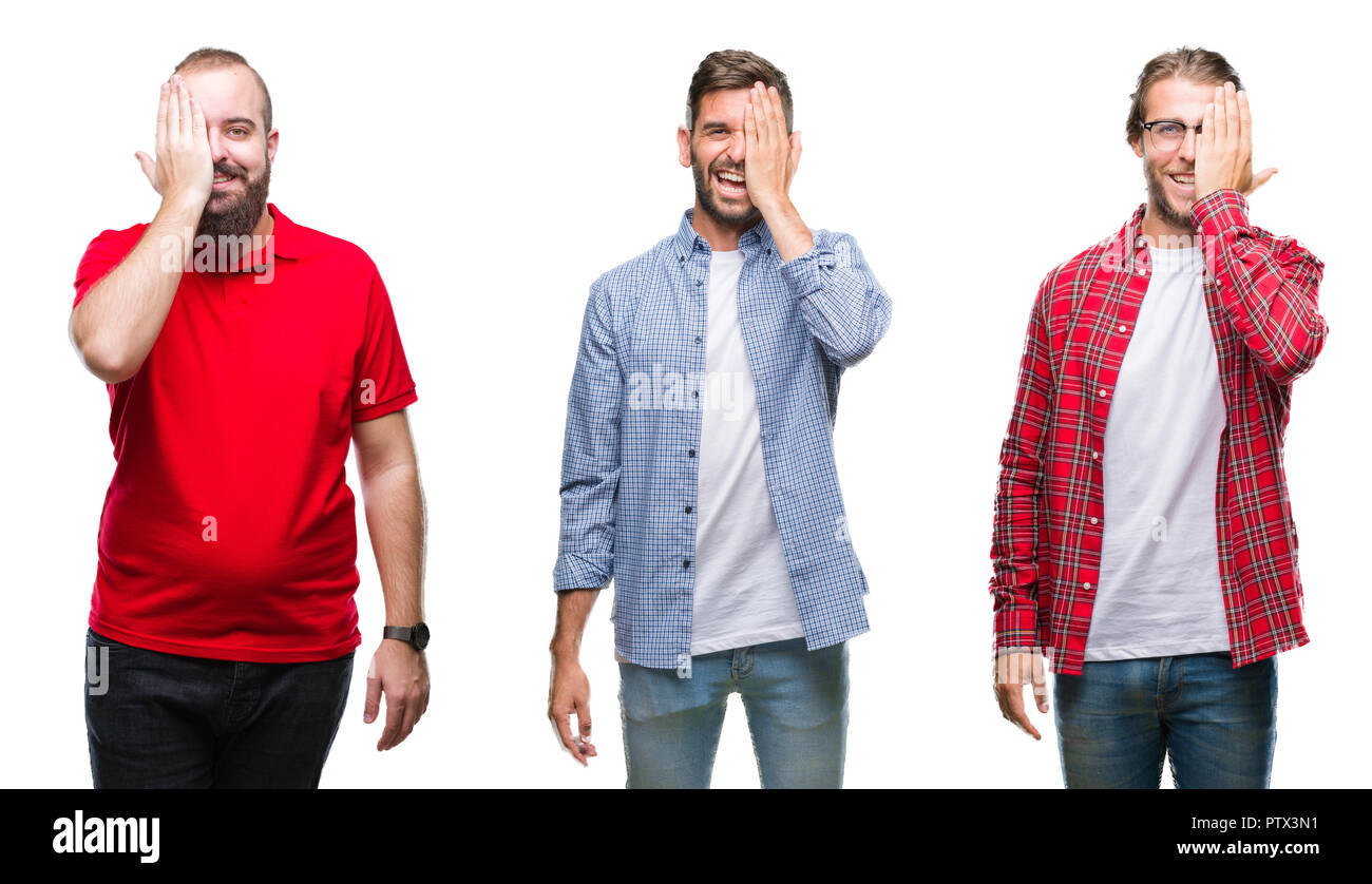 Collage of group of young men over isolated background covering one eye ...