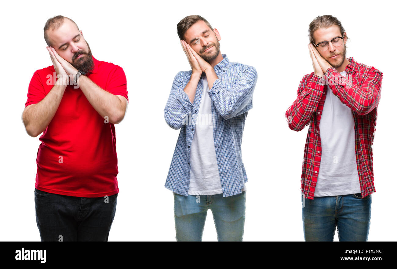 Collage of group of young men over isolated background sleeping tired ...
