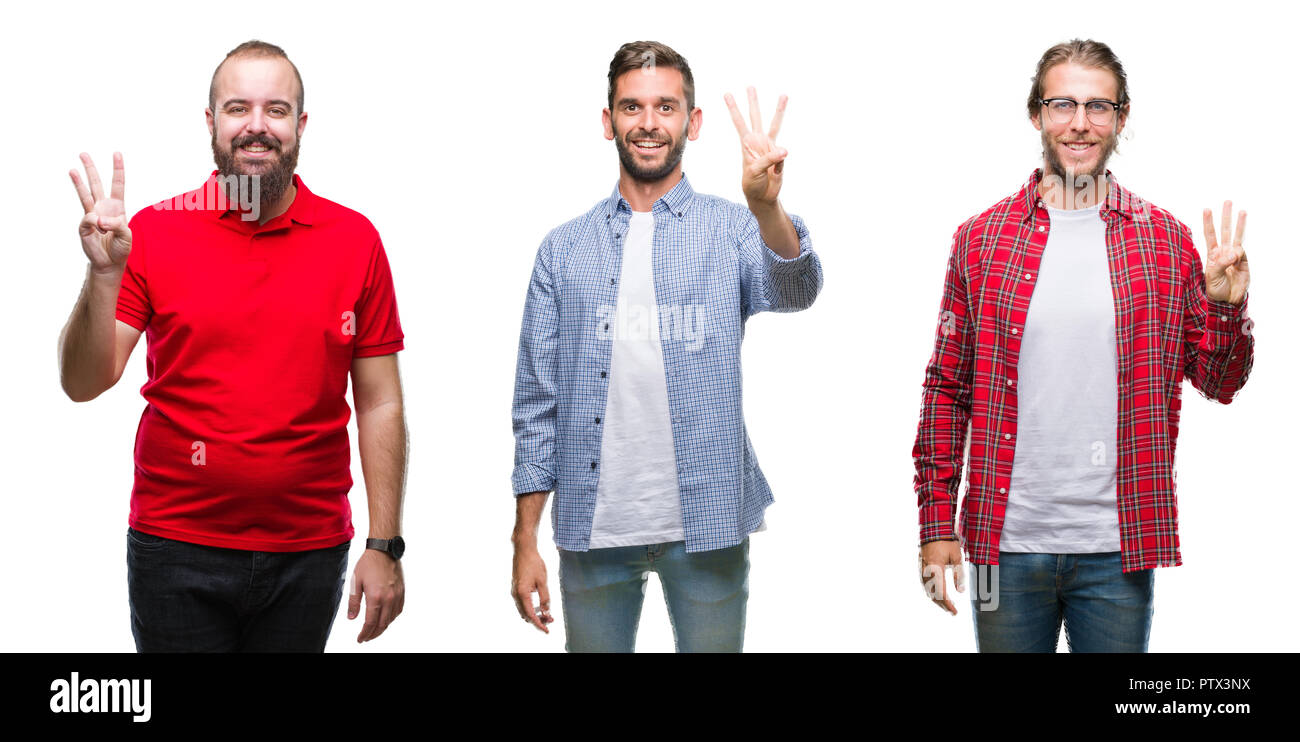 Collage of group of young men over isolated background showing and ...
