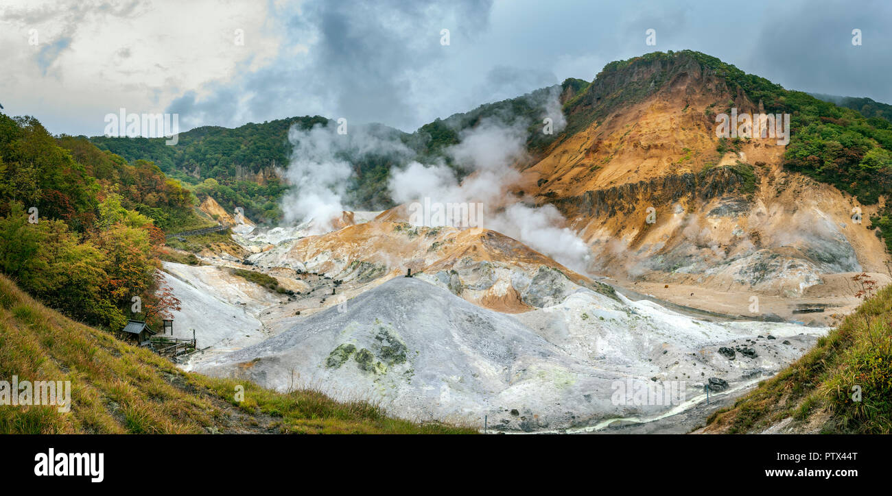 wide angle view of jigokudani hot spring valley in sapporo hokkaido one ...