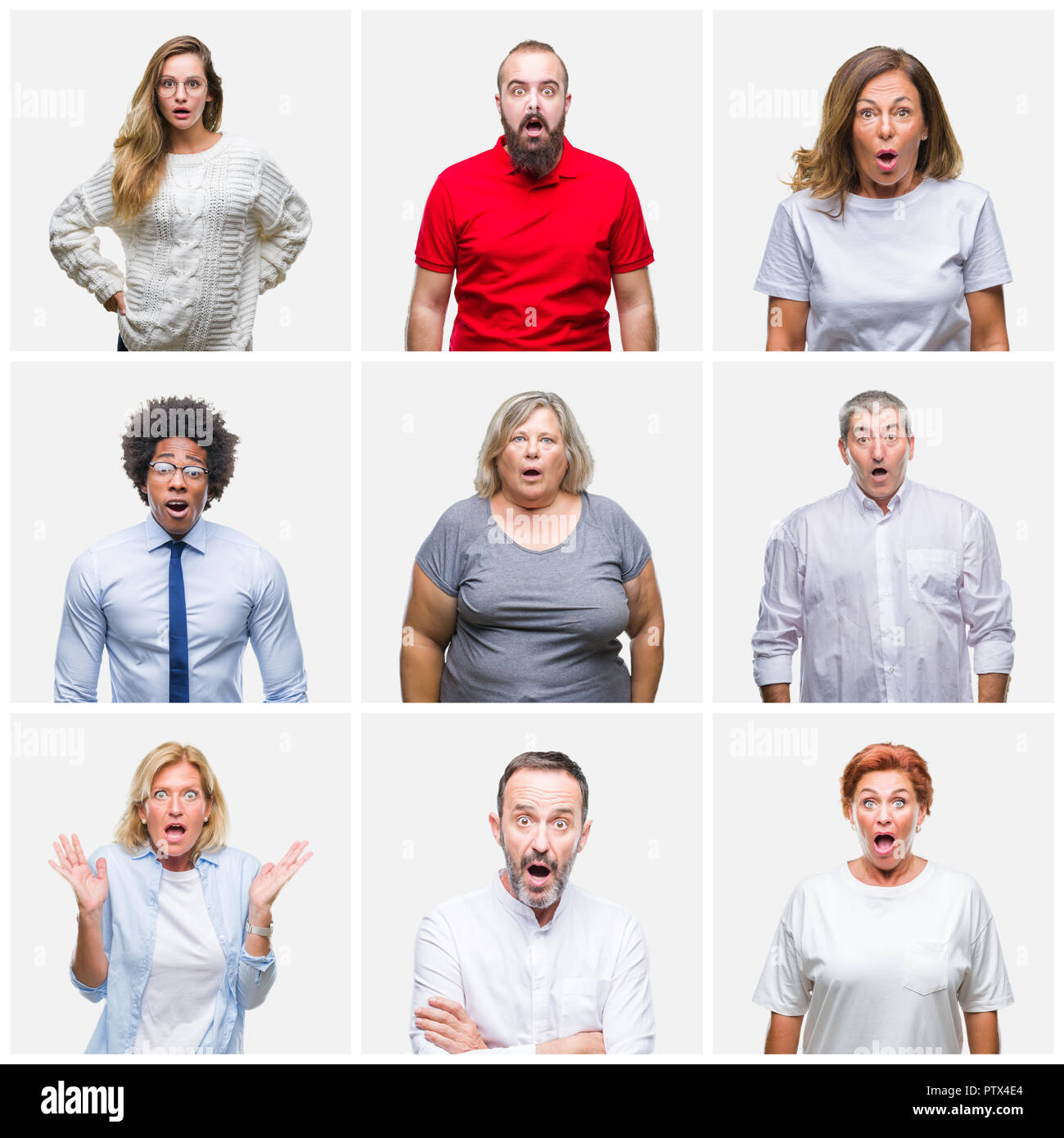 Collage of group of young, middle age and senior people over isolated ...