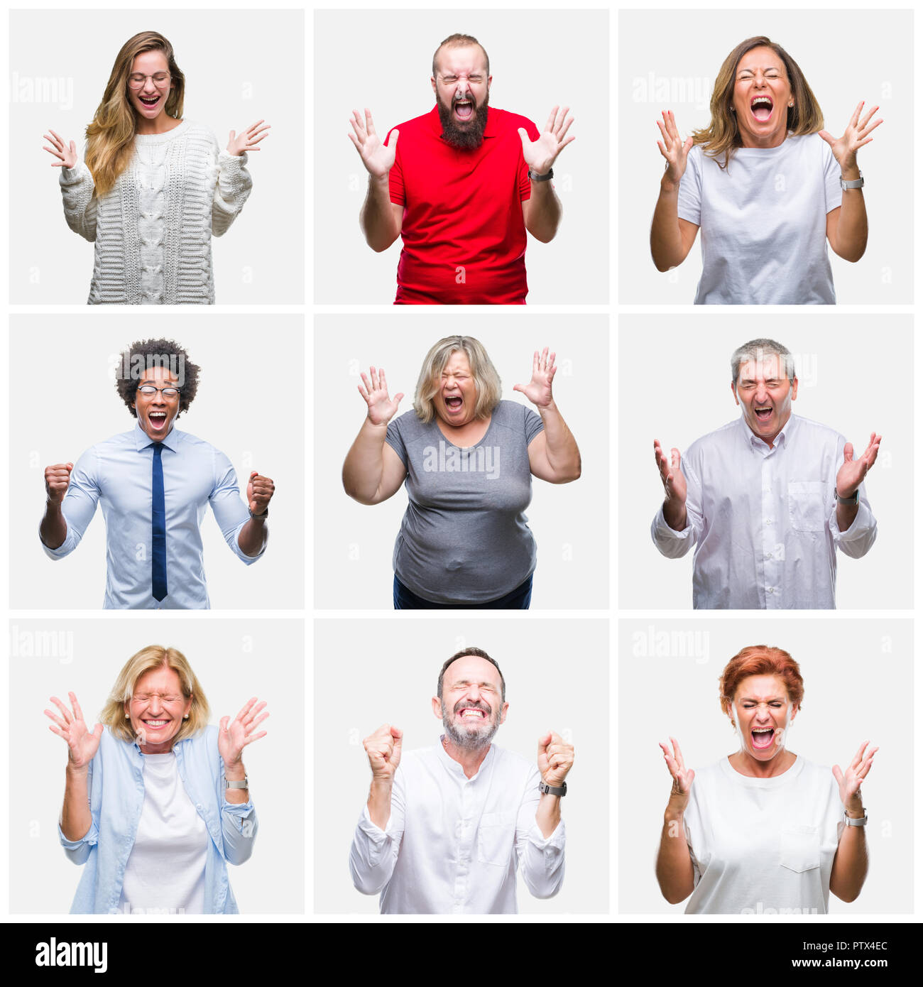 Collage of group of young, middle age and senior people over isolated ...