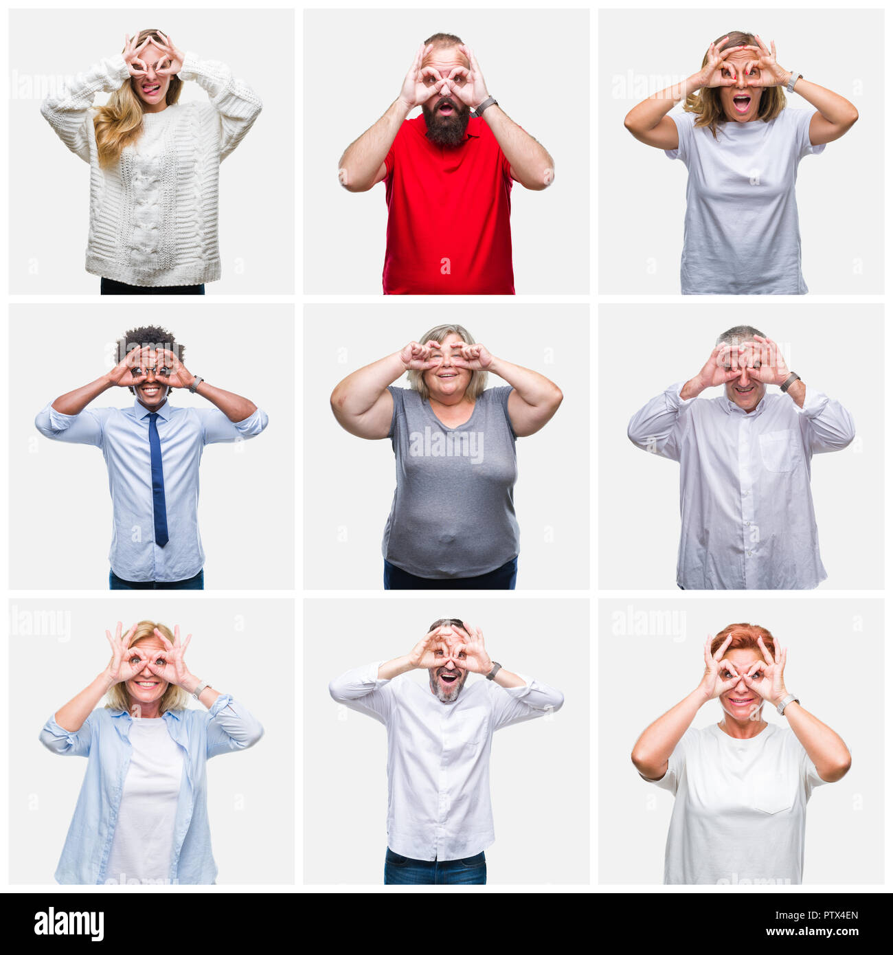 Collage of group of young, middle age and senior people over isolated ...
