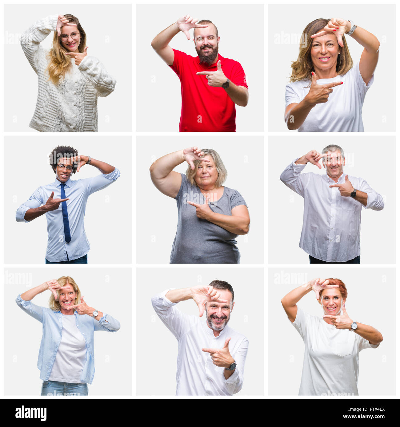 Collage of group of young, middle age and senior people over isolated ...