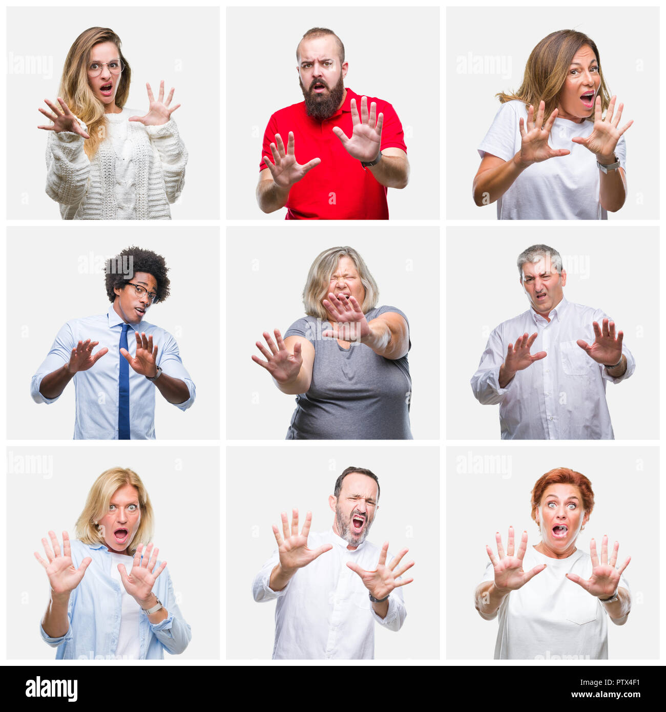 Collage of group of young, middle age and senior people over isolated ...