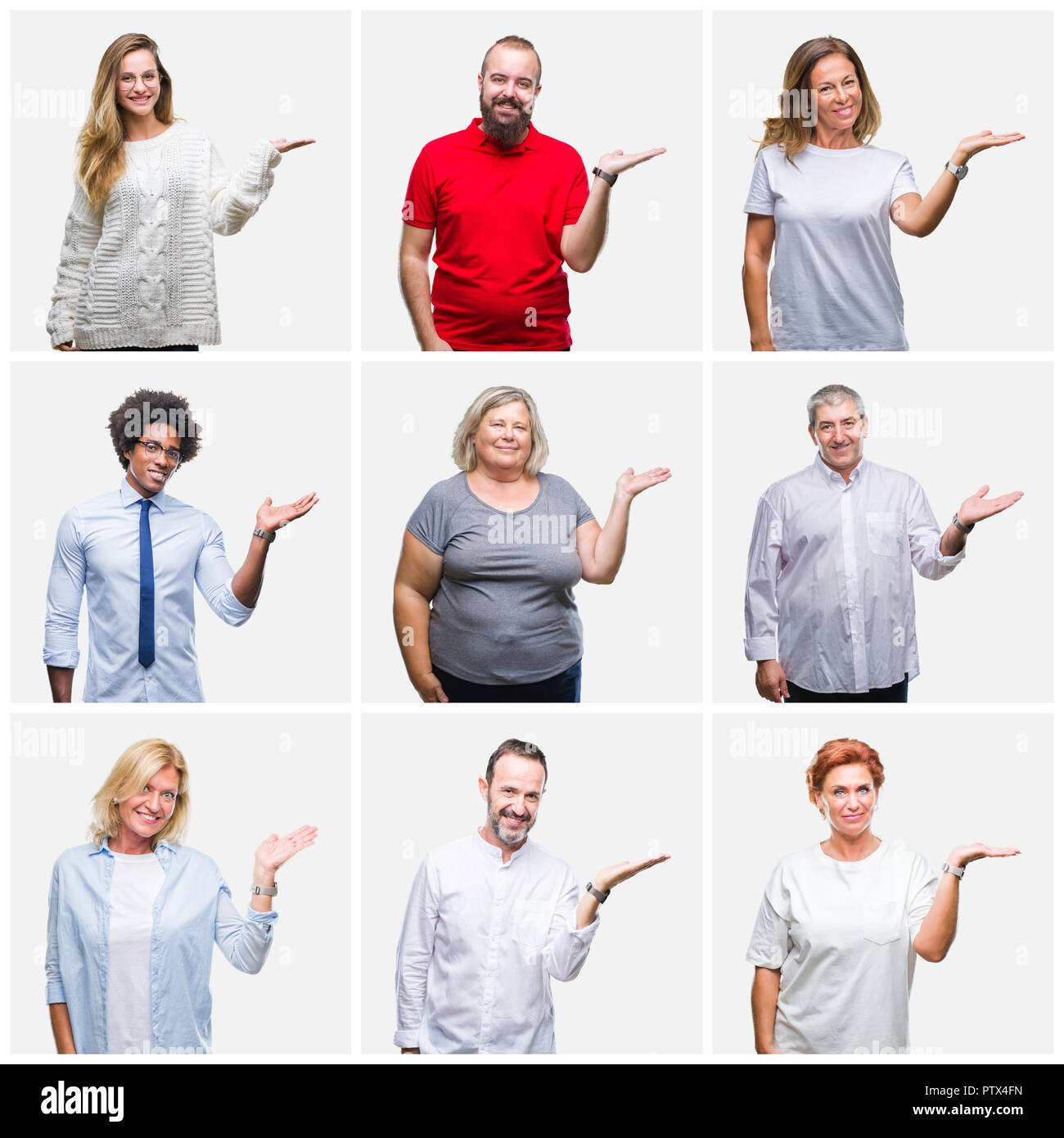 Collage of group of young, middle age and senior people over isolated ...