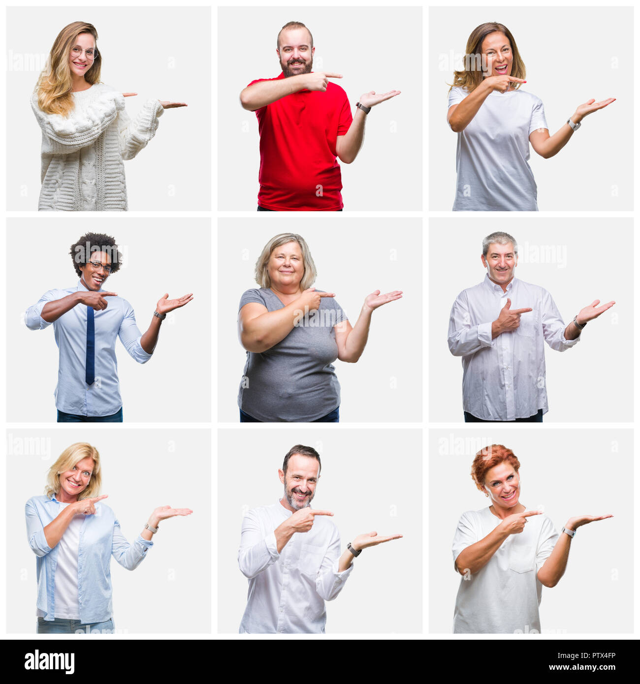 Collage of group of young, middle age and senior people over isolated ...