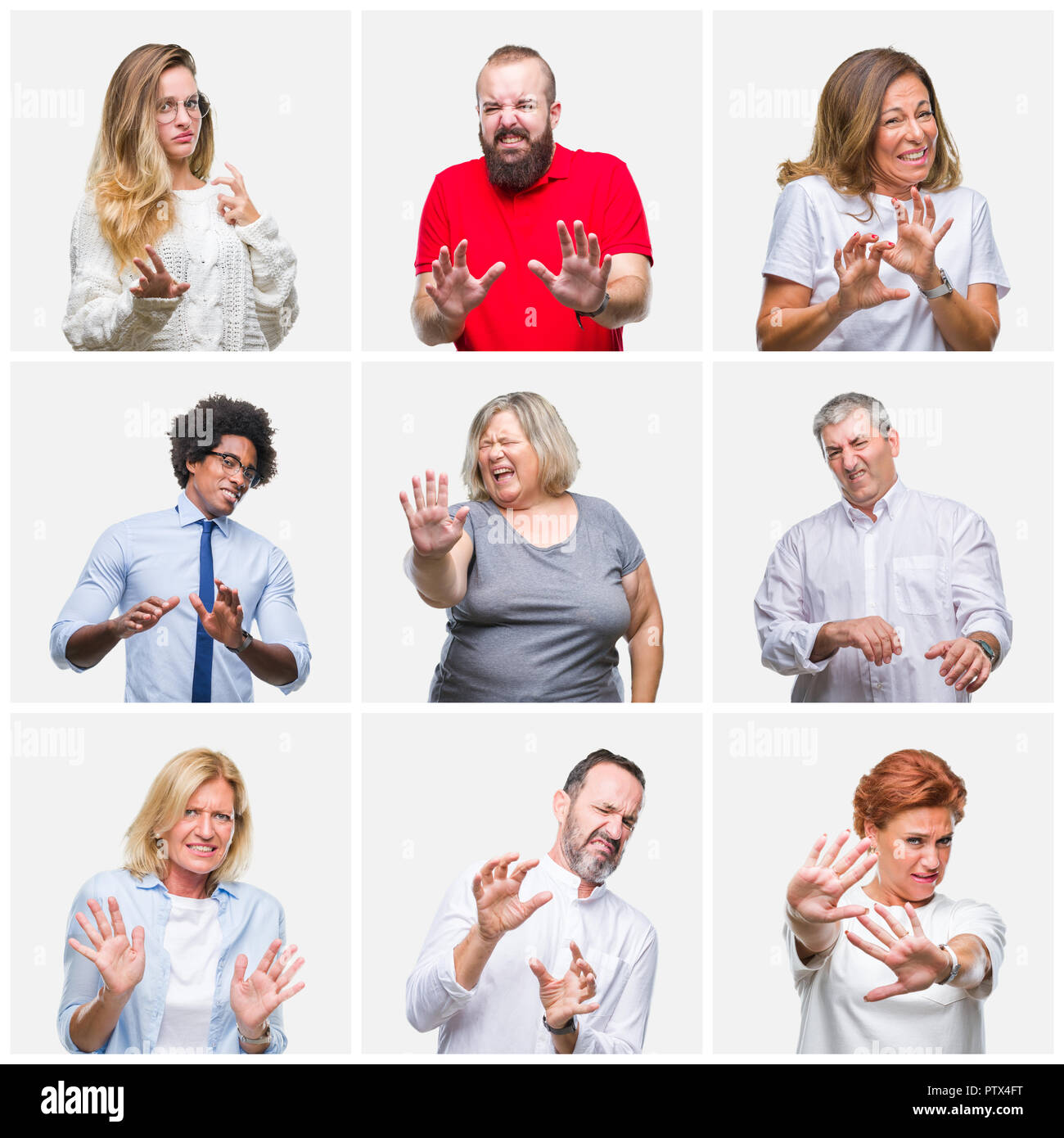 Collage of group of young, middle age and senior people over isolated ...