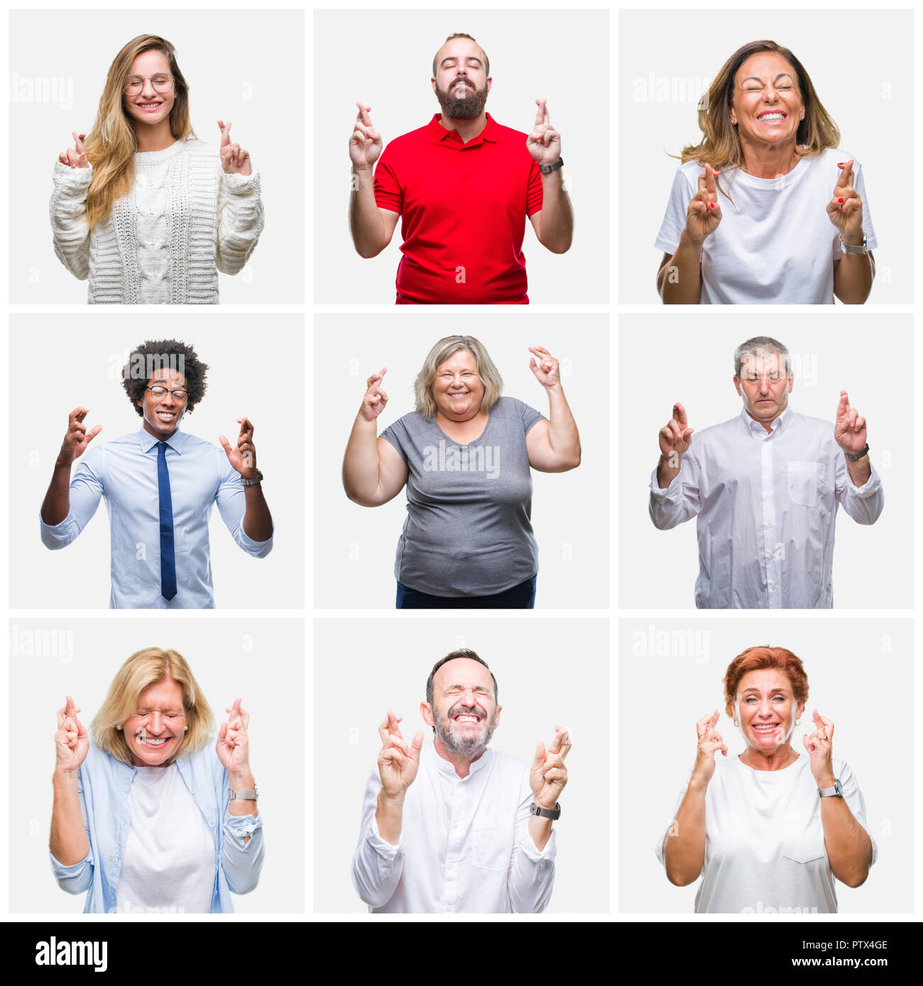 Collage of group of young, middle age and senior people over isolated ...