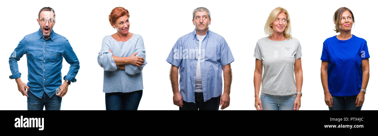 Collage of group of middle age and senior people over isolated ...