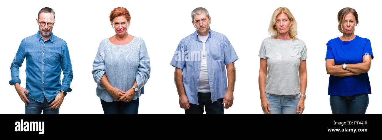 Collage of group of middle age and senior people over isolated ...
