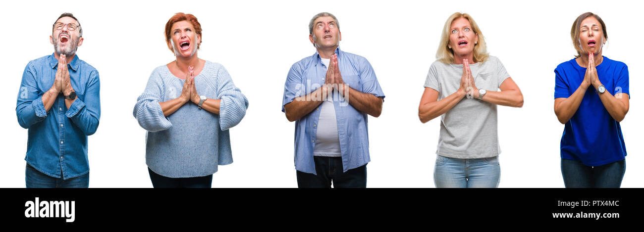 Collage of group of middle age and senior people over isolated ...