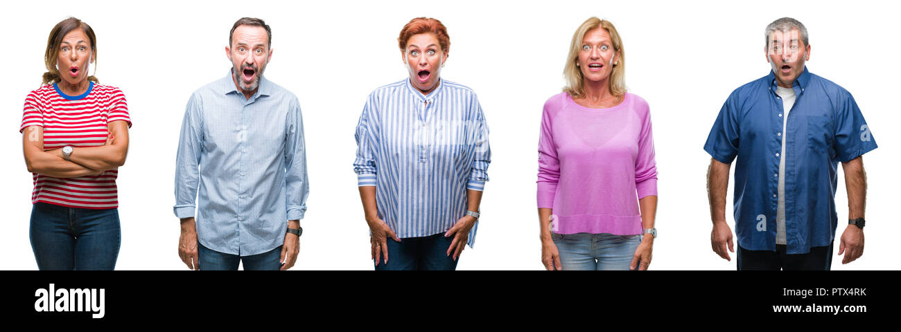 Collage of group of middle age and senior people over isolated ...