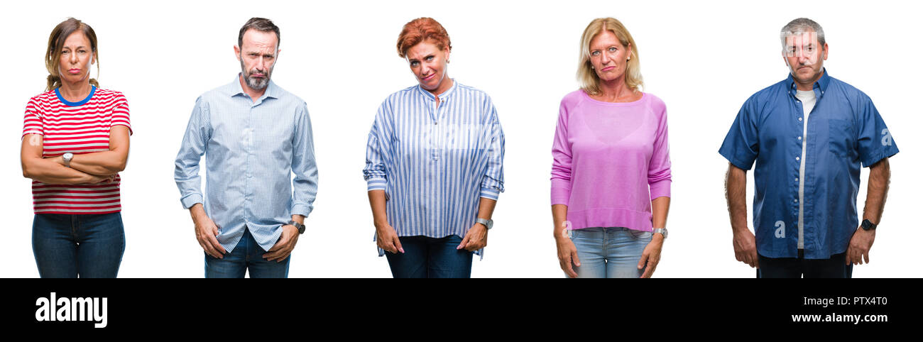 Collage of group of middle age and senior people over isolated ...