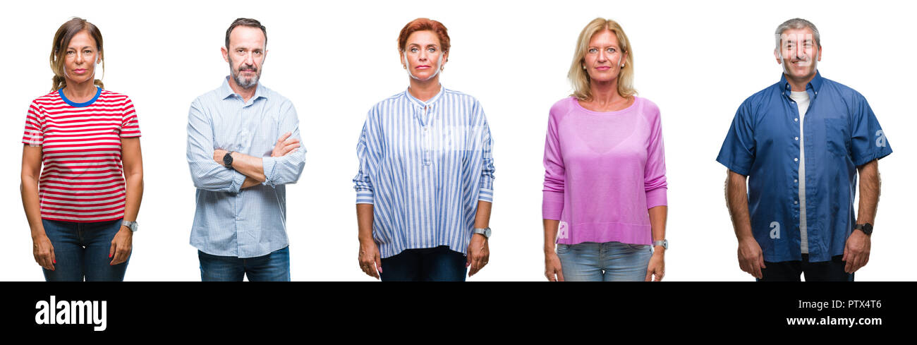 Collage of group of middle age and senior people over isolated ...