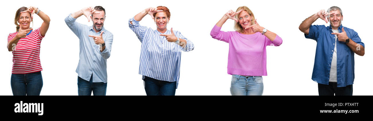 Collage of group of middle age and senior people over isolated ...