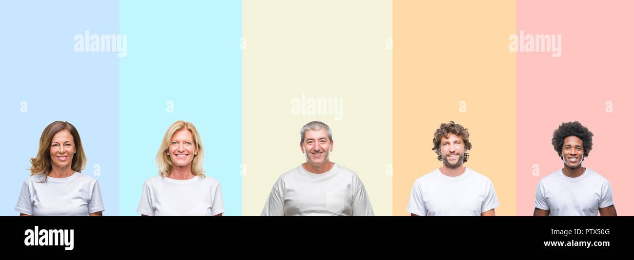 Collage of group of young and middle age people wearing white t-shirt ...