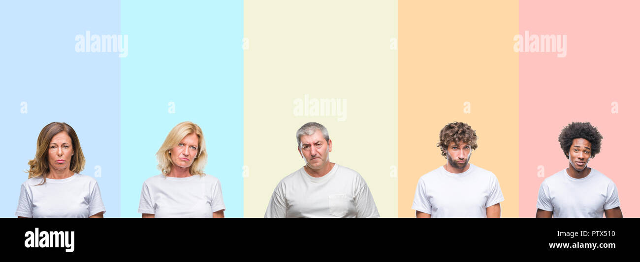 Collage of group of young and middle age people wearing white t-shirt ...