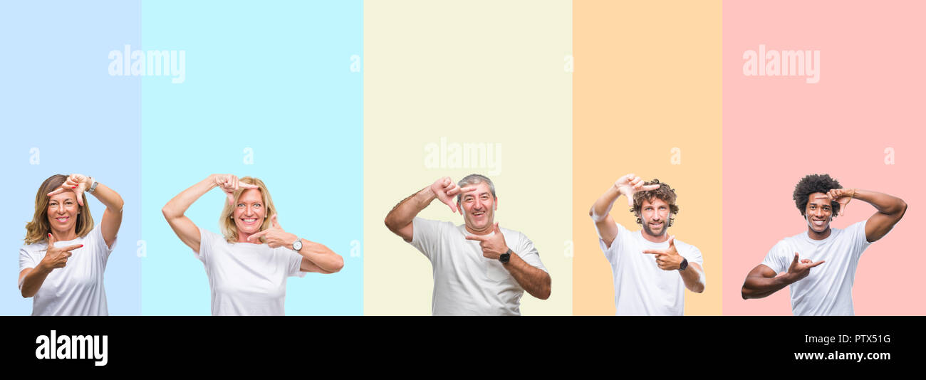 Collage of group of young and middle age people wearing white t-shirt ...