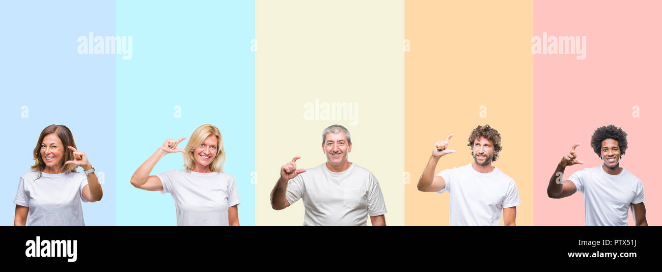 Collage of group of young and middle age people wearing white t-shirt ...