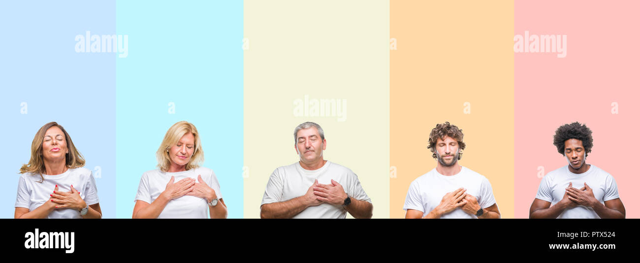 Collage of group of young and middle age people wearing white t-shirt ...