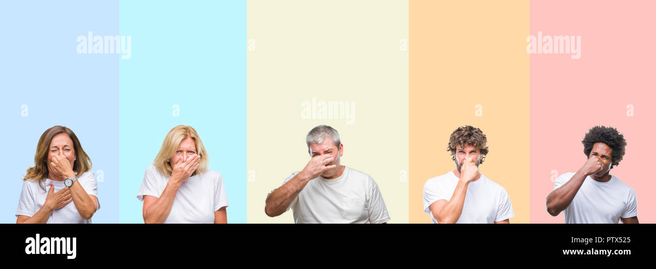 Collage of group of young and middle age people wearing white t-shirt ...