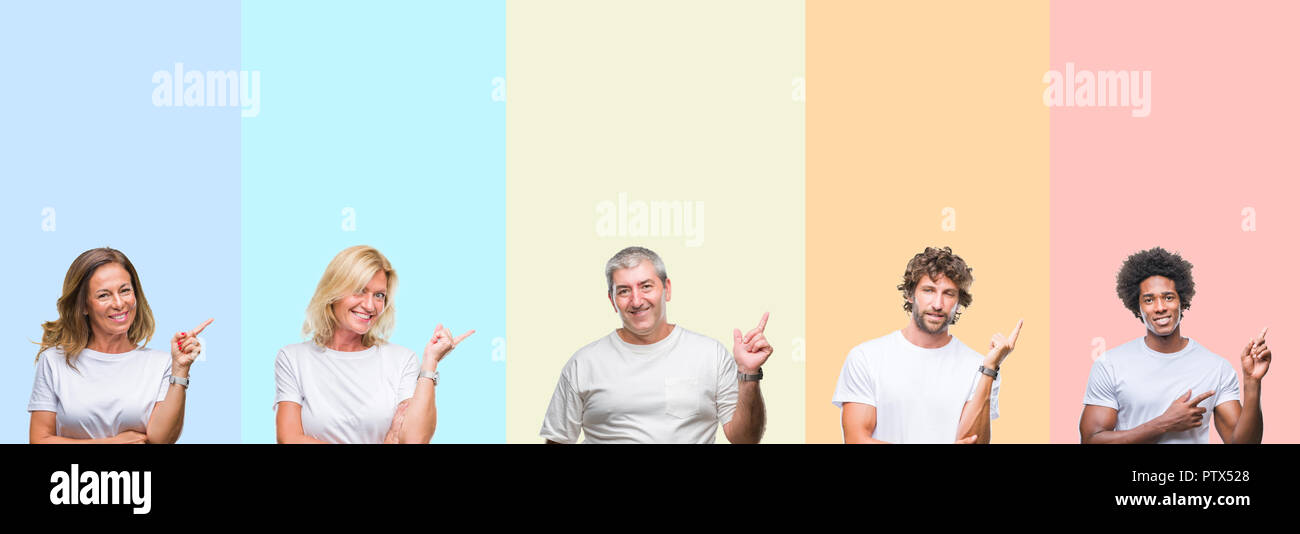 Collage of group of young and middle age people wearing white t-shirt ...