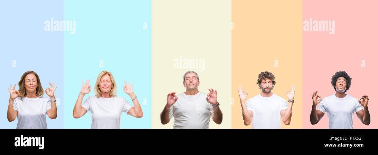 Collage of group of young and middle age people wearing white t-shirt ...